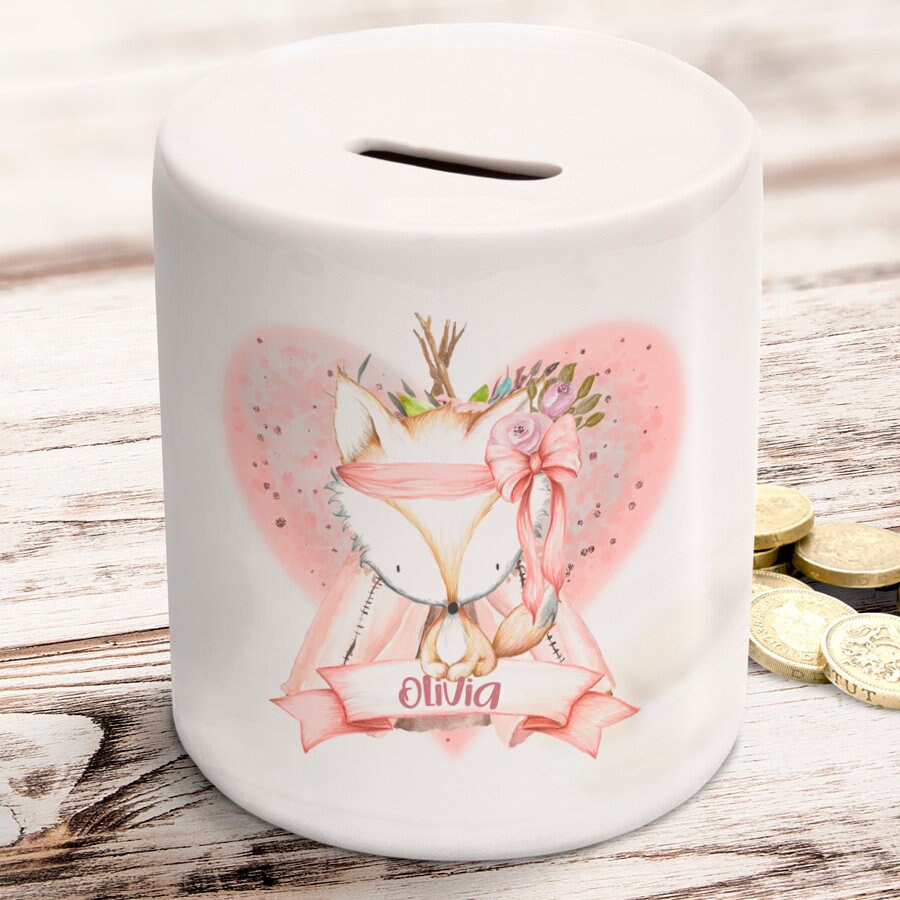 Personalised boho fox money box in ceramic with rubber stopper– Fandango UK